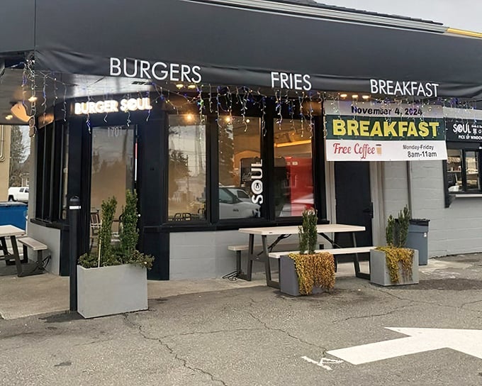 The sleek black exterior of Burger Seoul stands as a beacon of burger brilliance in Tacoma, promising culinary adventures that await inside.