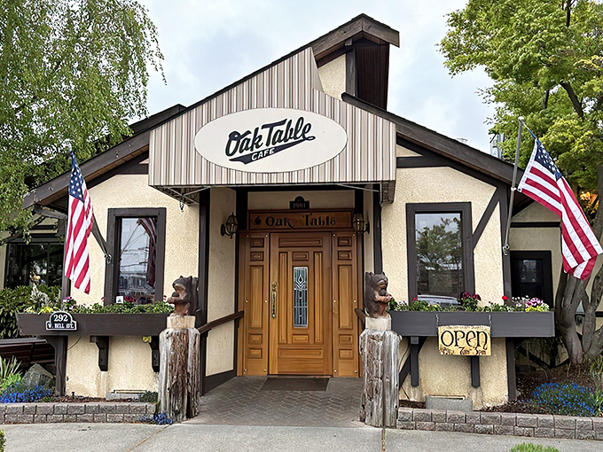 The timber-framed facade of Oak Table Cafe welcomes you like a breakfast hug. Those hanging flower baskets aren't just pretty&mdash;they're signaling that good taste awaits inside.