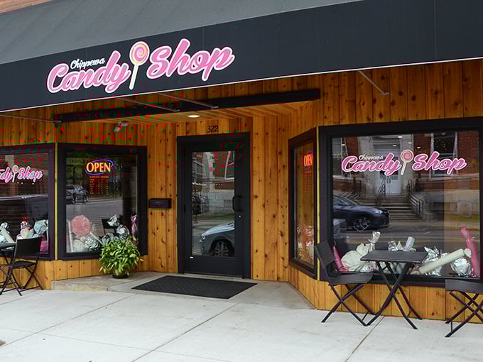 The wooden facade and pink neon sign of Chippewa Candy Shop beckon like a sweet siren call to your inner child.