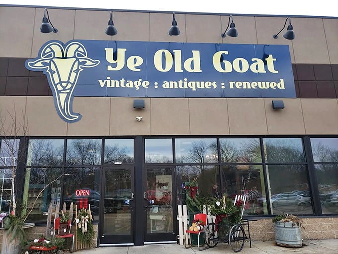 The iconic blue sign welcomes treasure hunters with its whimsical goat logo—a promise of vintage delights waiting inside.
