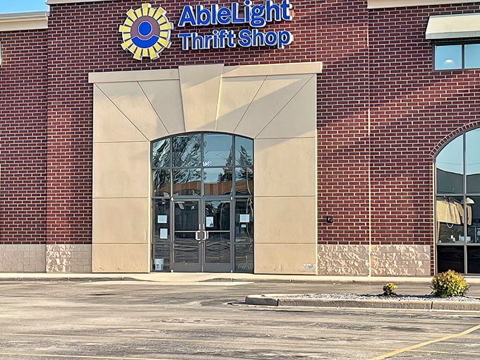 The brick facade with its sunburst logo promises treasure hunting adventures within. Wisconsin thrifters know this Appleton landmark means serious bargain business.