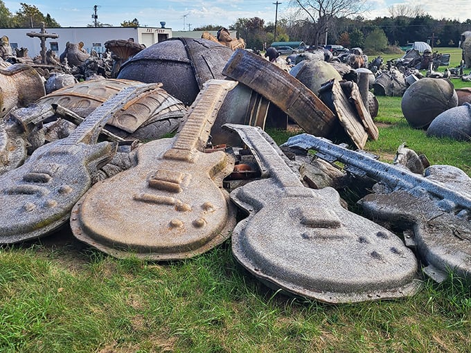 Jaws meets Wisconsin farmland in this surreal scene. These weathered shark molds look ready to swallow unwary visitors whole, creating a "Land Sharks" moment that would make Chevy Chase proud.