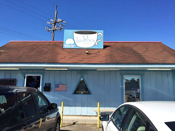 The iconic blue building with its towering water tank neighbor &ndash; Louisiana's version of a lighthouse guiding hungry travelers to breakfast paradise.