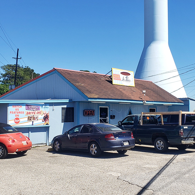 The iconic blue building with its towering water tank neighbor &ndash; Louisiana's version of a lighthouse guiding hungry travelers to breakfast paradise.