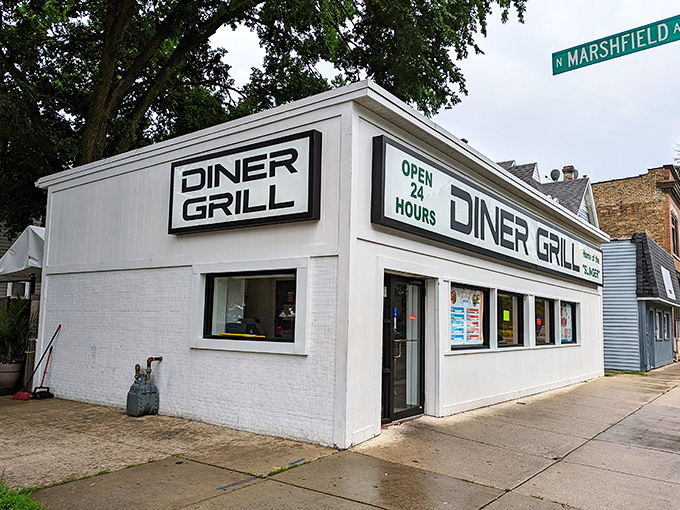 The unassuming white exterior of Diner Grill stands like a beacon of hope for hungry night owls and early birds alike on Chicago's Irving Park Road.
