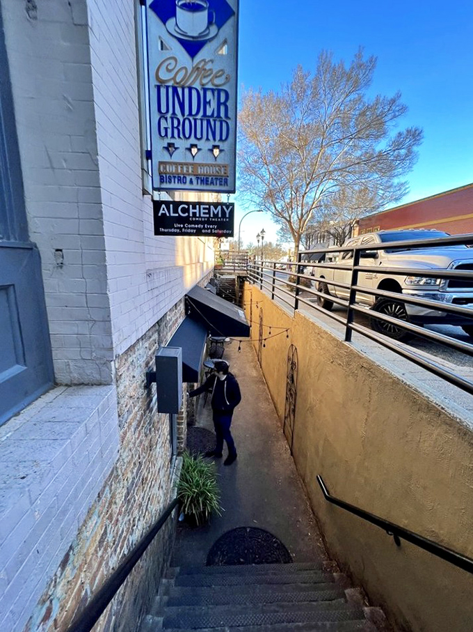 The stairway to coffee heaven beckons from downtown Greenville. Like Alice's rabbit hole, but with caffeine waiting at the bottom.
