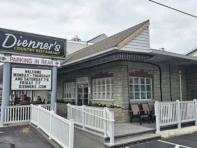 The stone facade of Dienner's welcomes you like an old friend who doesn't need fancy clothes to prove they've got substance. Simple, sturdy, and promising good things inside.