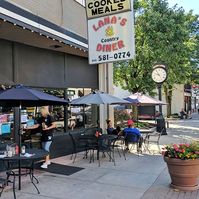 The classic "HOME COOKED MEALS" sign beckons like an old friend. Lana's outdoor seating area offers the perfect perch for people-watching while savoring breakfast perfection.