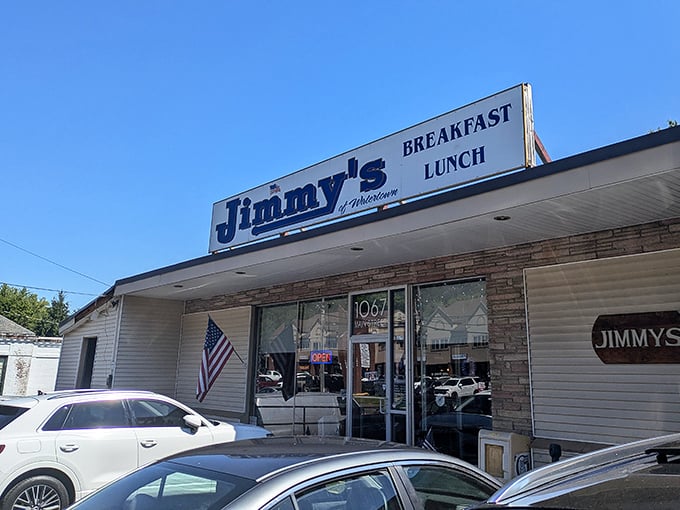 The blue sign beckons like an old friend on Main Street. Jimmy's unpretentious exterior promises honest food without the fuss.