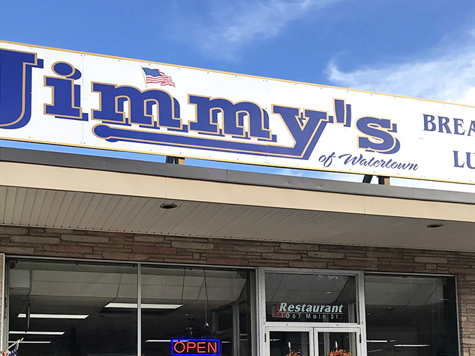 The blue sign beckons like an old friend on Main Street. Jimmy's unpretentious exterior promises honest food without the fuss.