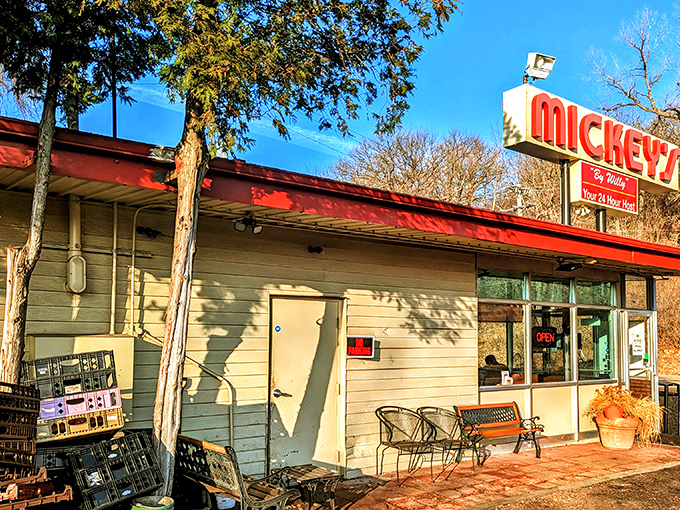 The red-roofed beacon of breakfast hope stands proudly against Minnesota's blue sky, promising comfort food that transcends time.