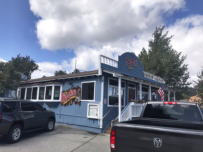 The little blue diner that could! The Stove's charming exterior promises mountain-sized flavors inside this Mammoth Lakes breakfast institution.