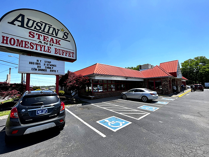 The iconic red-roofed Austin's welcomes hungry travelers with its no-nonsense promise of steak and homestyle cooking. Southern hospitality starts at the curb.