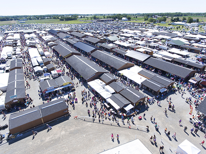 From above, Shipshewana Flea Market resembles a small city of commerce, with nearly 700 vendors spread across 40 acres of Amish country treasure hunting.