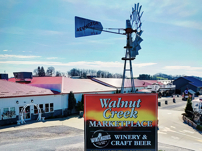 The iconic windmill stands sentinel over Walnut Creek Marketplace, beckoning shoppers like a red-roofed lighthouse for bargain hunters.