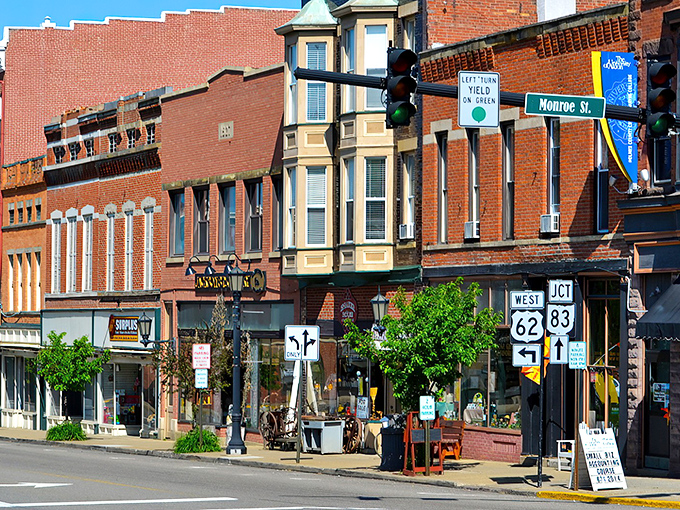 Historic brick buildings line Millersburg's main street, where time slows down and the aroma of fresh-baked goods seems to waft from every doorway.