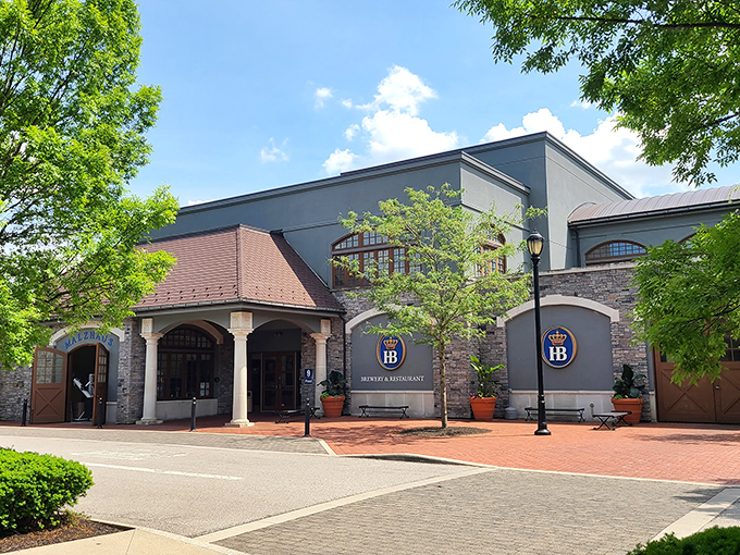 The impressive Bavarian-inspired architecture of Hofbr&auml;uhaus Columbus stands proudly against an Ohio sky, promising authentic German experiences without the transatlantic flight.