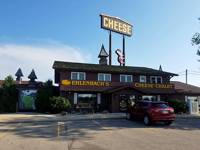 The Swiss chalet architecture isn't just for show&mdash;it's a promise of the alpine cheese treasures waiting inside this roadside dairy paradise.