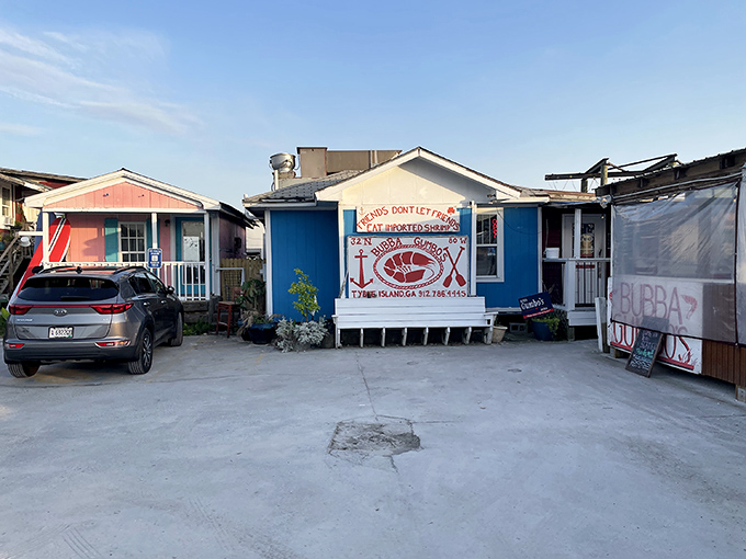 The unassuming exterior of Bubba Gumbo's proves once again that the best seafood joints often look like they might fall into the water at high tide.