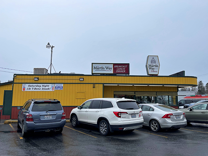 The unassuming exterior of Martin Way Diner stands like a beacon in the Washington rain, promising comfort food salvation to hungry travelers.
