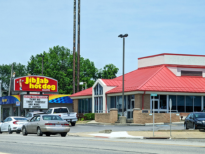 The iconic red roof and welcoming sign of Jib Jab stands like a beacon of hope for hungry travelers on Girard's State Street.