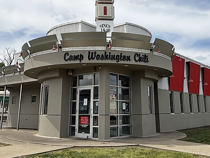 The iconic Art Deco fa&ccedil;ade of Camp Washington Chili stands like a beacon for hungry travelers, its vertical "CHILI" sign a Cincinnati landmark since 1940.