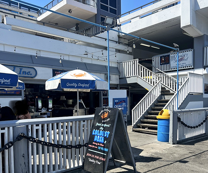 The unassuming entrance to Quality Seafood belies the seafood treasures within. No fancy facade needed when the ocean's bounty speaks for itself.