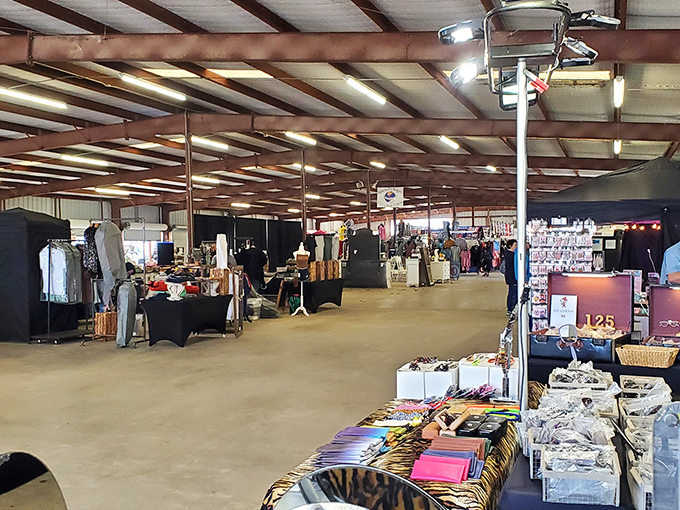 Inside one of the covered pavilions, where treasure hunting becomes an indoor sport regardless of Texas weather. Air conditioning never felt so adventurous.