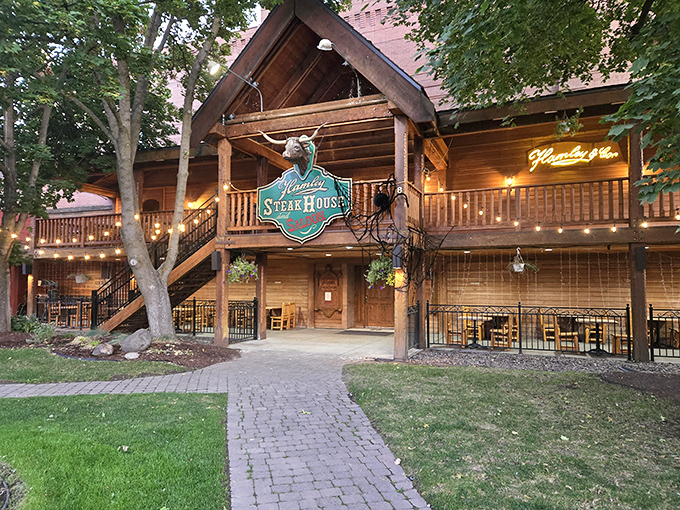 The Western welcome wagon! Hamley's rustic wooden exterior stands proudly on Pendleton's Main Street, promising carnivorous delights within those timber walls. 