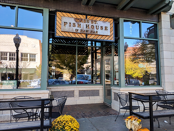 The iconic blue fish sign beckons seafood lovers like a lighthouse for the landlocked. A maritime oasis on Massachusetts Street.
