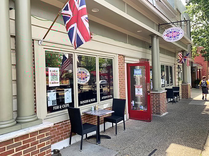 The iconic red door and Union Jack signage of The British Chip Shop stands as Haddonfield's portal to England. No passport required!