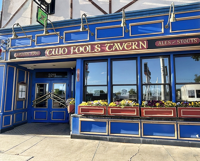 The blue facade of Two Fools Tavern stands out like a Celtic oasis in Albuquerque's Nob Hill, complete with flags announcing its Irish heritage.