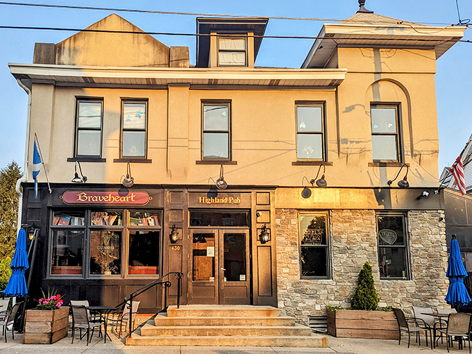 The stately facade of Braveheart Highland Pub stands proudly on Hellertown's Main Street, a slice of Scotland that somehow found its way to Pennsylvania.