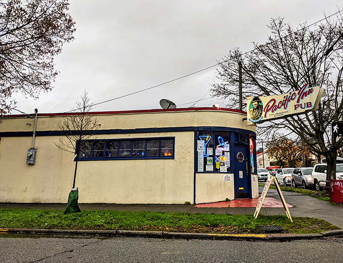 The unassuming corner facade of Pacific Inn Pub hides Seattle's worst-kept secret. That vintage sign has been guiding fish and chips pilgrims for generations.