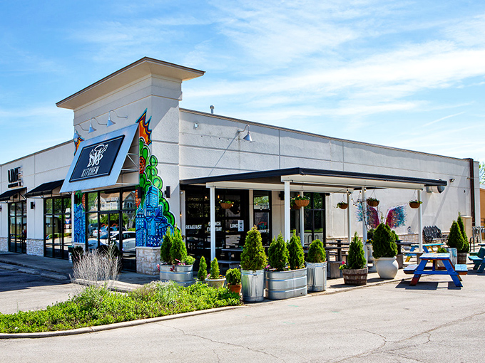 The colorful exterior of DV8 Kitchen isn't just eye-catching—it's a promise that what awaits inside breaks deliciously from the ordinary breakfast routine.