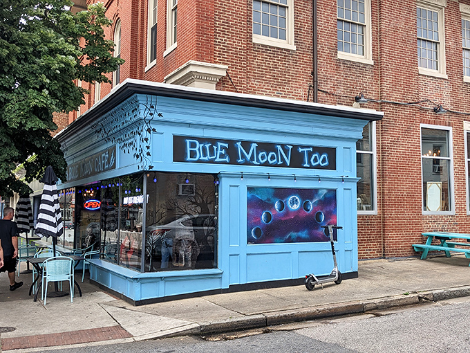 The bright blue storefront of Blue Moon Too stands out like a sapphire in Baltimore's Federal Hill, promising breakfast magic inside this tiny culinary gem.