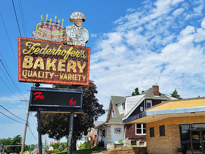 That vintage sign with the chef holding a birthday cake isn't just advertising &ndash; it's a St. Louis landmark promising sweet salvation ahead.