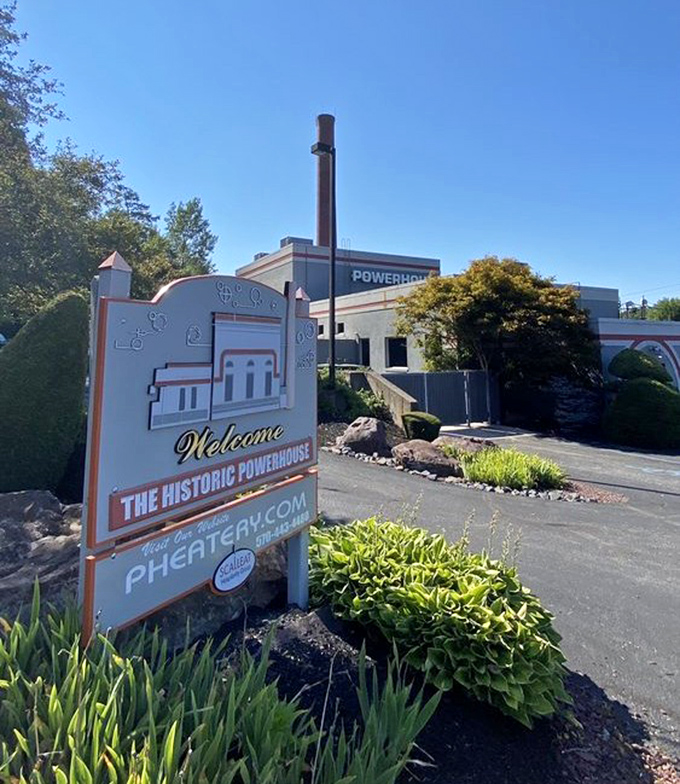 The iconic smokestack stands sentinel over this former electric plant, now generating culinary power instead of the electrical kind.