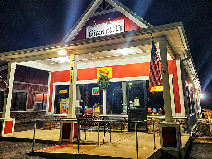 The red barn-like exterior of Gianelli's glows like a beacon of hope for hungry travelers. American flag included, because patriotism tastes delicious.