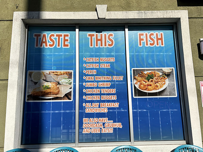 The storefront says it all: bold red letters commanding you to "TASTE THIS FISH," with a cartoon fish that seems to be winking at your good decision.