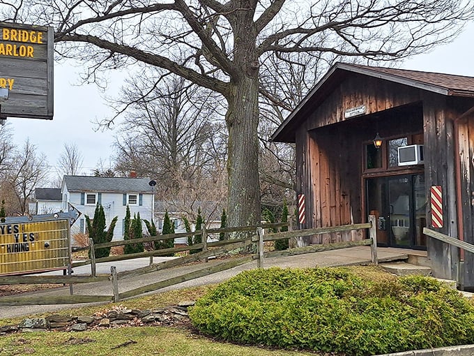Not just a bridge over troubled water, but a portal to pizza paradise. This weathered wooden structure houses culinary treasures worth crossing county lines for.