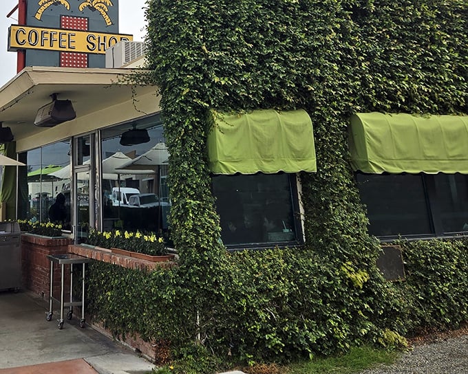 The ivy-covered exterior of 24th Street Cafe stands like a verdant oasis in Bakersfield, its vintage "Coffee Shop" sign promising comfort food treasures within.