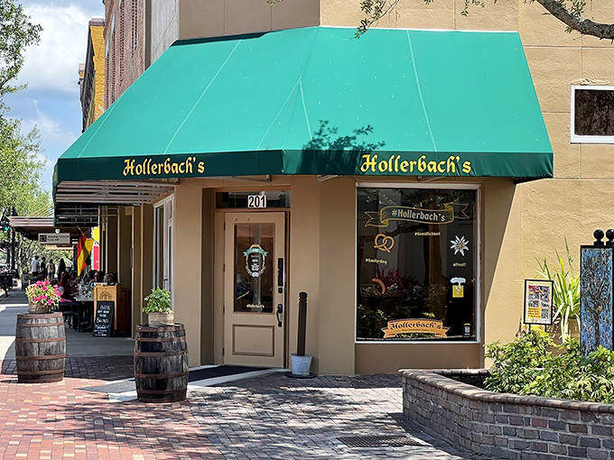 The iconic green awning of Hollerbach's beckons like a portal to Bavaria, standing proudly on 1st Street in historic downtown Sanford.