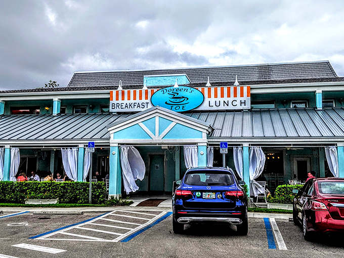 The turquoise facade of Doreen's Cup of Joe isn't just Instagram-worthy&mdash;it's a beacon of breakfast hope on Marco Island, promising culinary salvation for the morning-hungry.