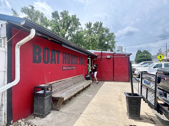 Paradise found: Blue umbrellas frame the perfect riverside dining experience where the Muskingum meets the Ohio. Nature's dining room awaits.