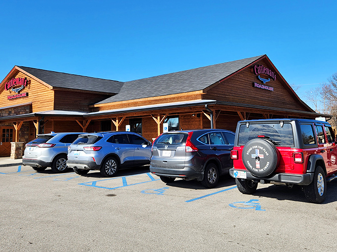 The rustic wood-and-stone exterior of Cattleman's Roadhouse promises what every great steakhouse should: a place where carnivores can feel right at home.
