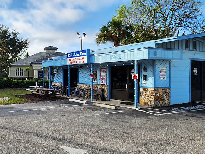 The little blue building that could! Babe's Blue Room's vibrant exterior stands as a colorful beacon for hungry travelers seeking authentic Florida comfort food.