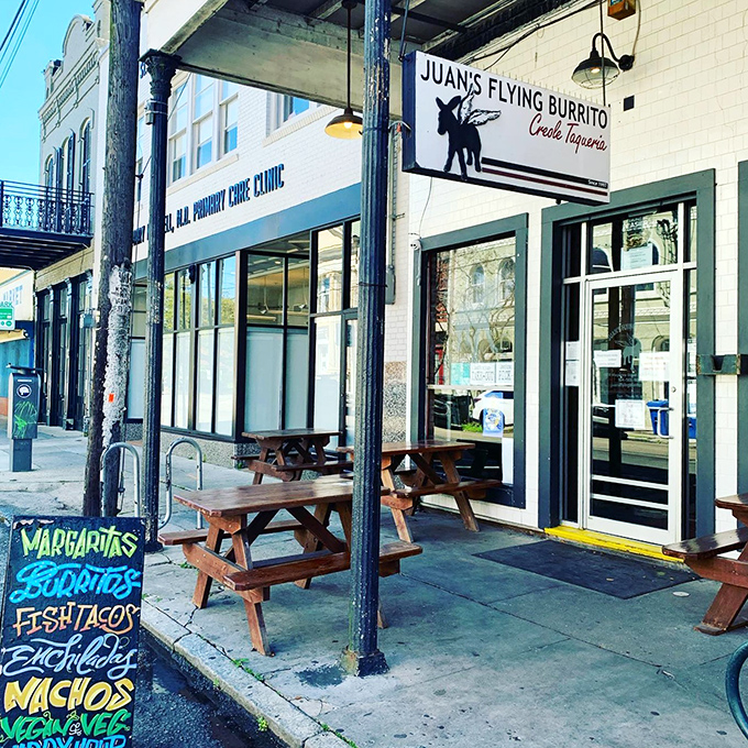 The iconic winged burrito mascot welcomes hungry pilgrims to this Magazine Street gem, where outdoor seating beckons on perfect New Orleans afternoons.