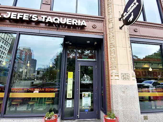 El Jefe's storefront commands attention on a historic Boston street, where modern Mexican flavors meet classic New England architecture. The boss of burritos awaits inside.