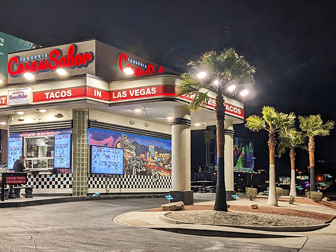 The retro-futuristic architecture of Casa del Sabor stands out like a beacon of hope for hungry travelers. Vegas knows good tacos don't need neon to shine.